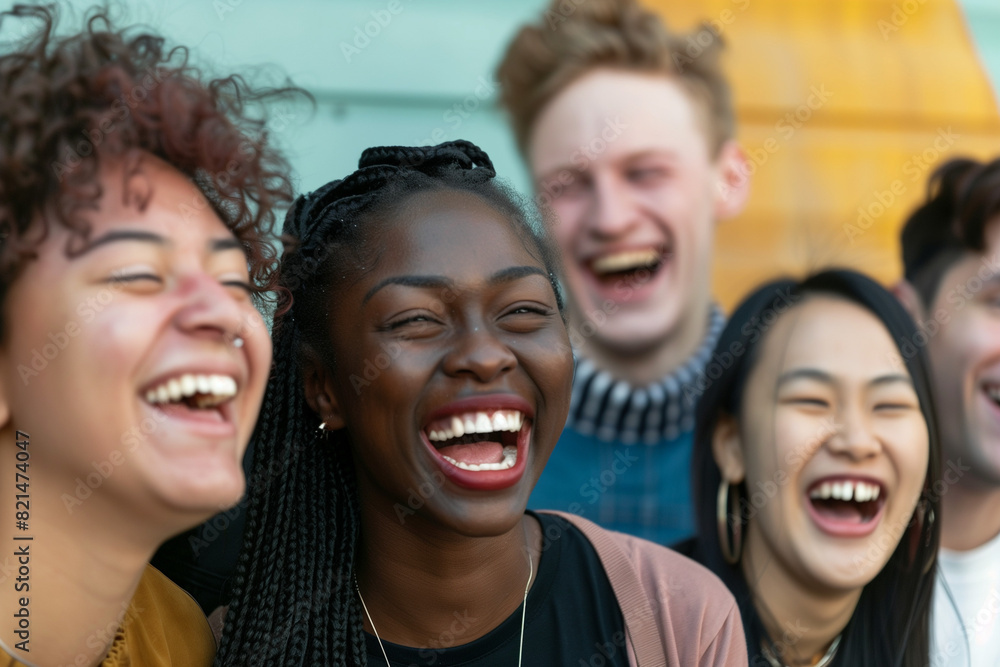A picture with a lot of laughing and smiling people sitting together ...