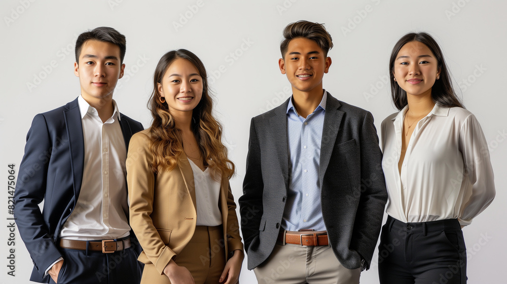 Young professional business people standing together on a white ...