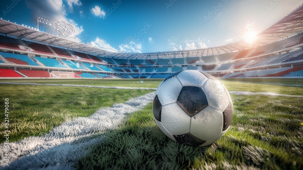 football field in a stadium, is a soccer ball lying. looks official and ...