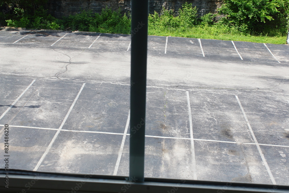 car parking lot top view from hotel motels window,asphalt crack rough ...