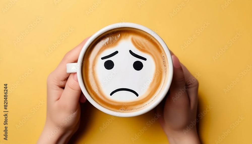 hands holding coffee cup with sad face drawn on coffee, top view angle ...