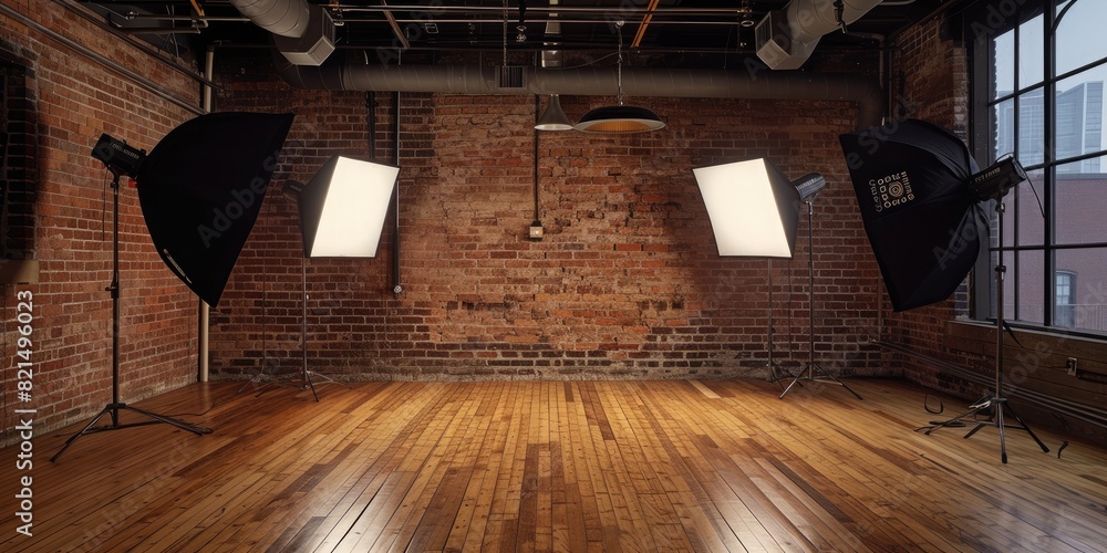 Studio room with textured brick wall backdrop, illuminated by softbox ...