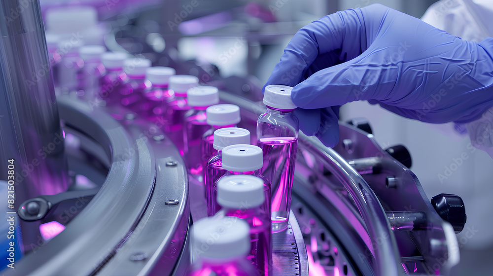 Pharmacist scientist with sanitary gloves examining medical vials on ...