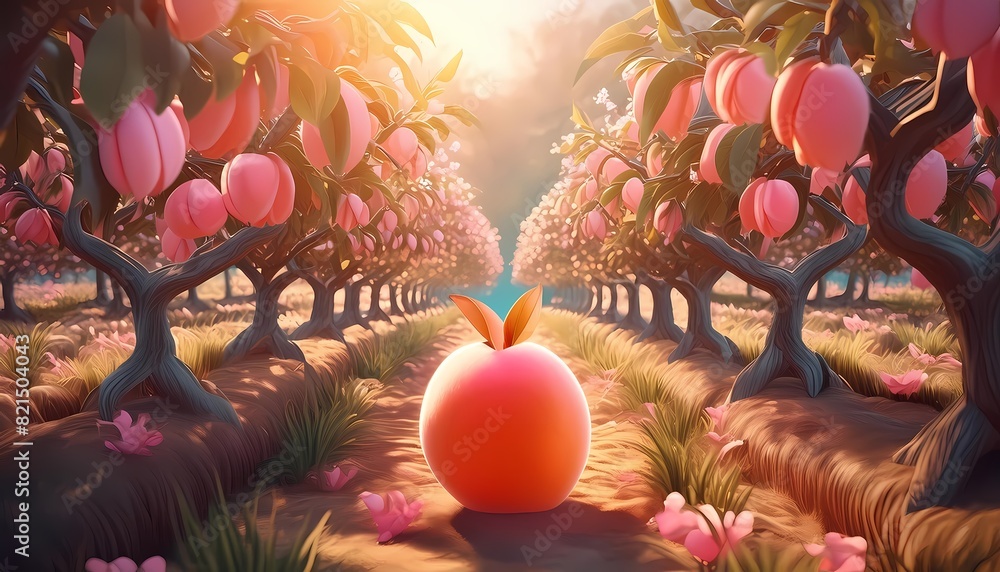 The view of the garden and peach trees and the beautiful sunlight ...