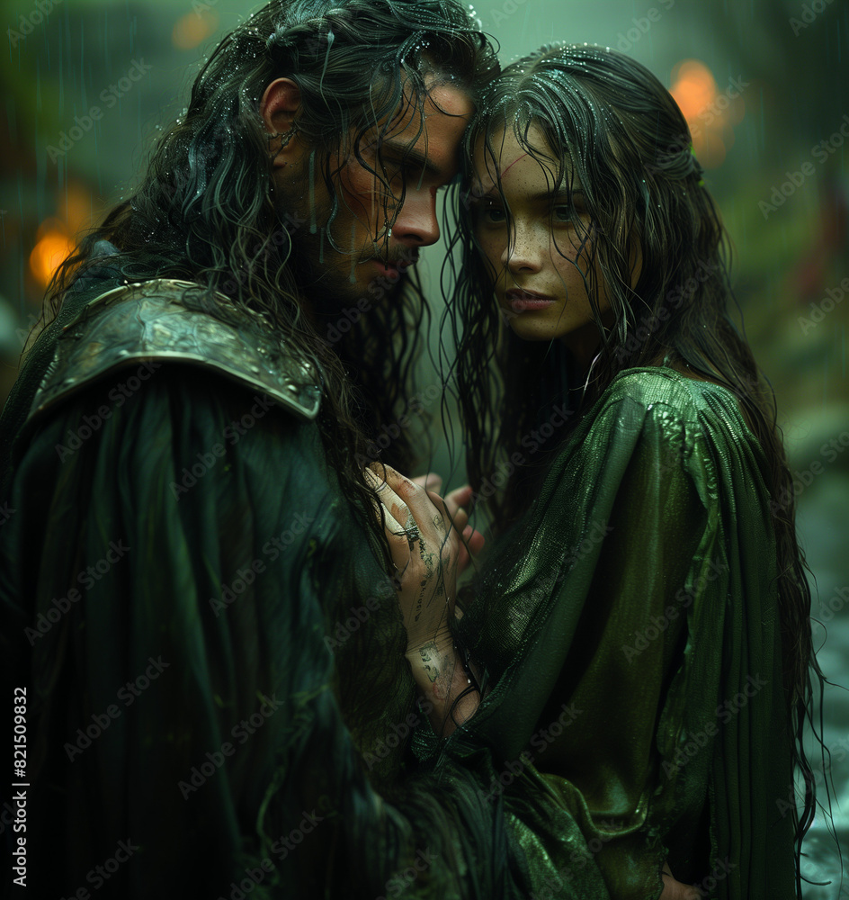 medieval fantasy lovers in green cloaks embrace under the rain ...