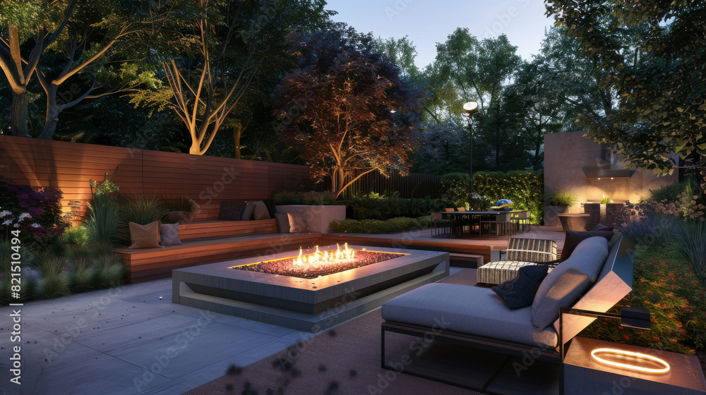 Neon Art of Outdoor living space with a fire pit and comfortable ...