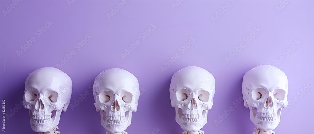 Four white human skulls in a row with a light purple background ...