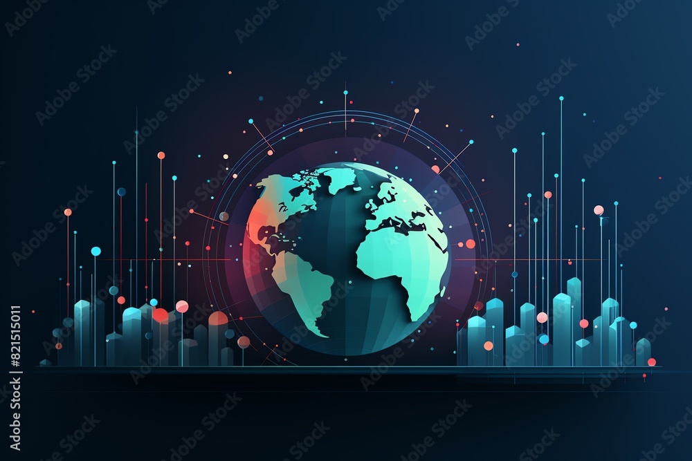 Abstract digital world globe and data visualization with charts and ...