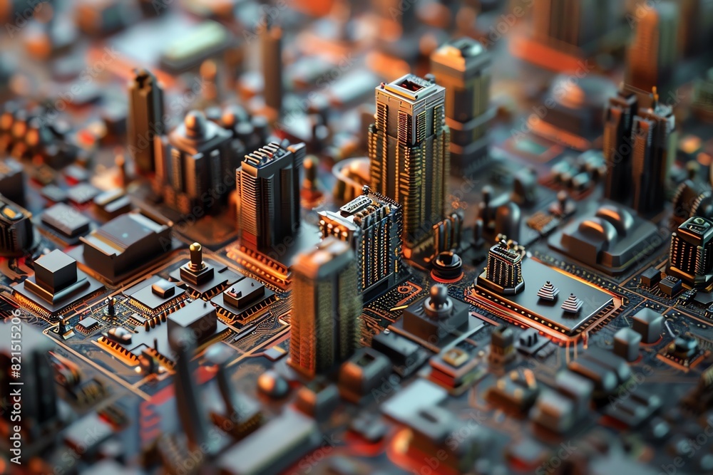 Cityscape of futuristic skyscrapers resembling a computer motherboard ...