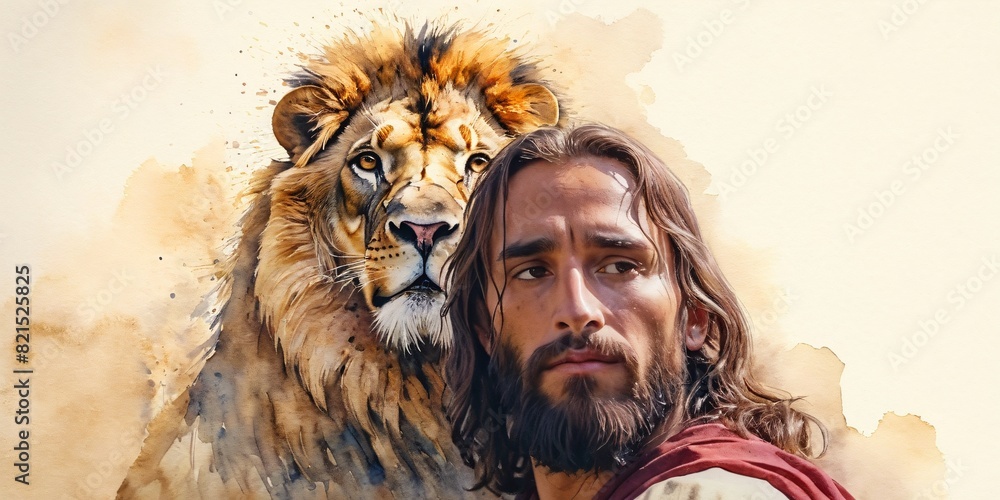 Jesus the lion, Jesus Christ with a lion's head on his shoulder Stock ...