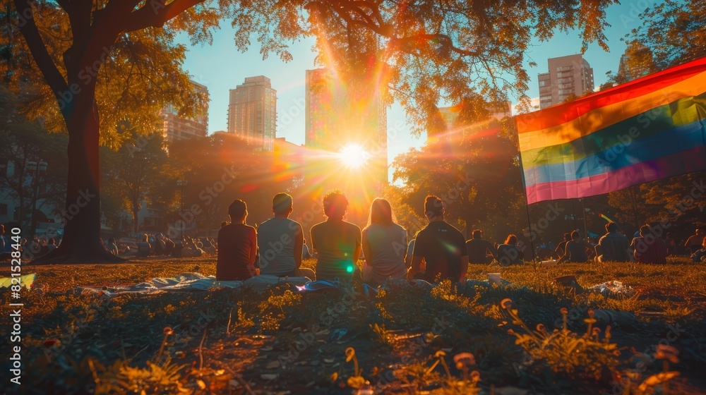LGBTQA+ , LGBT : A group of people having a picnic in a park, with a ...