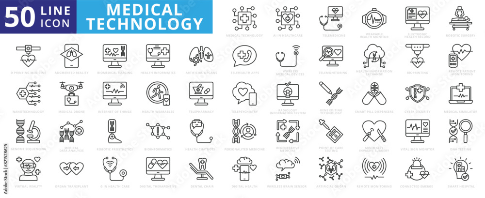 Medical Technology icon set with ai in healthcare, telemedicine ...