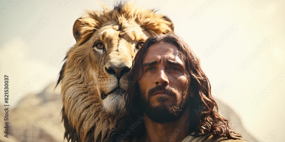 Jesus the lion, Jesus Christ with a lion's head on his shoulder Stock ...