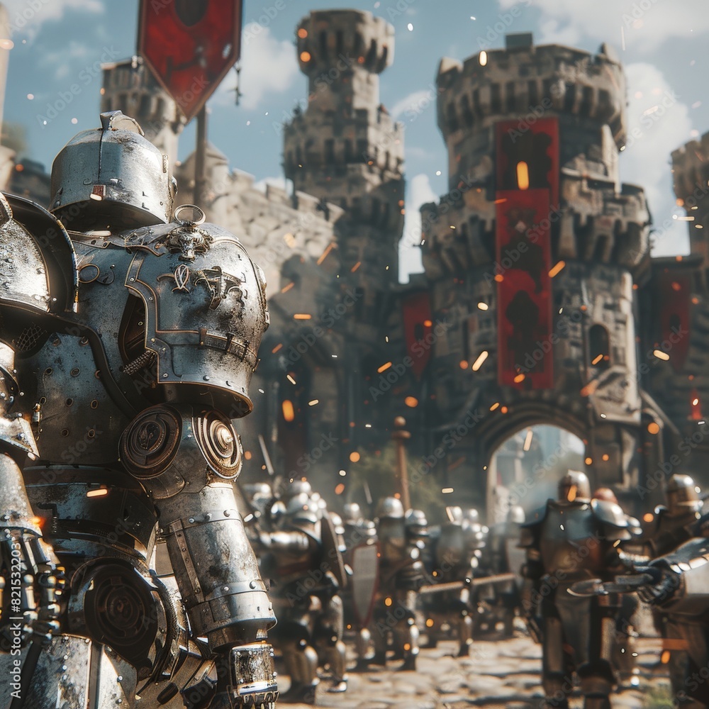 Medieval knights in armor prepare for a battle outside a grand ...