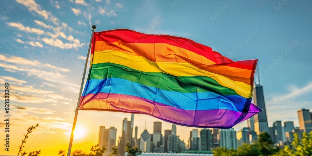 Rainbow flag waving with a city skyline in the background, symbolizing ...