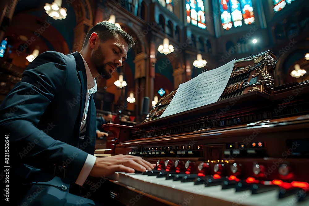 Church Musician at Grand Organ with Choir and Hymnals in Reverent ...