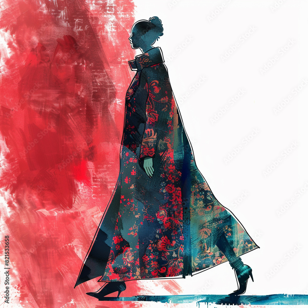 fashion illustration of model walking on ramp in a long coat, graphic ...