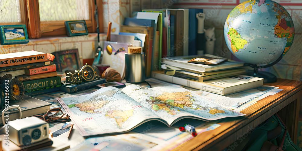 Travel-Themed Desk: Maps, guidebooks, and souvenirs adorn a desk ...