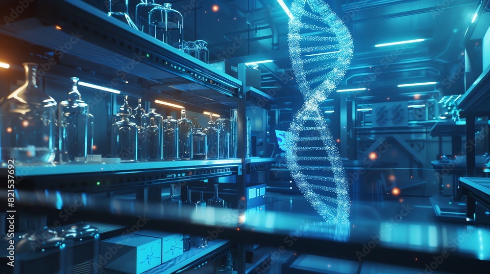 Futuristic laboratory with a 3D holographic DNA structure. Advanced scientific research and ...