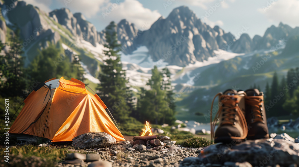 3D render of a summer camping scene with a tent, campfire, fishing rod ...