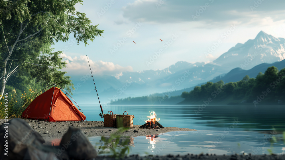 3D render of a summer camping scene with a tent, campfire, guitar, and ...
