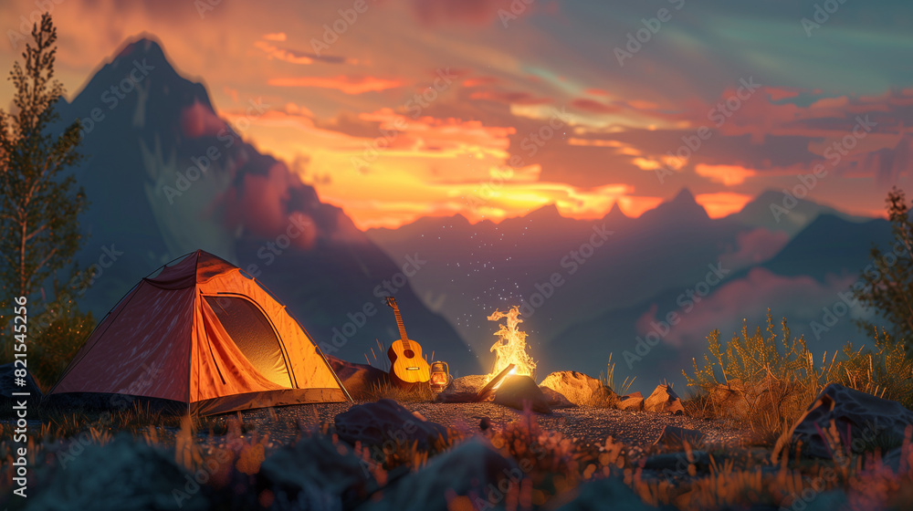3D render of a summer camping scene with a tent, campfire, guitar, and ...