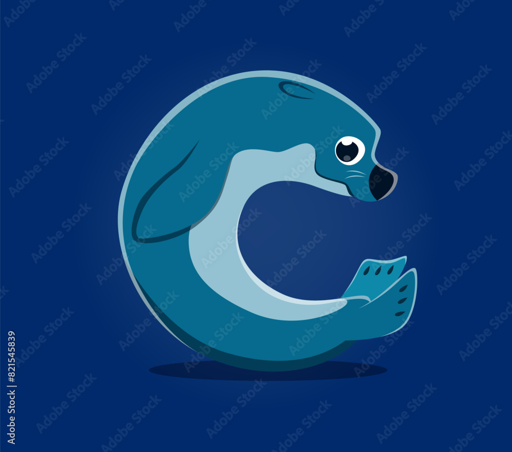 Sea animal or underwater font, letter C as cartoon seal character ...