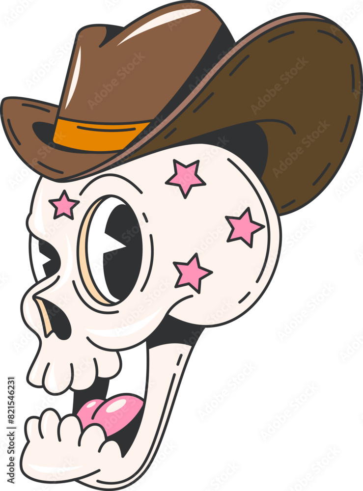 Cartoon retro groovy Wild West cowboy skull character, vector funky ...