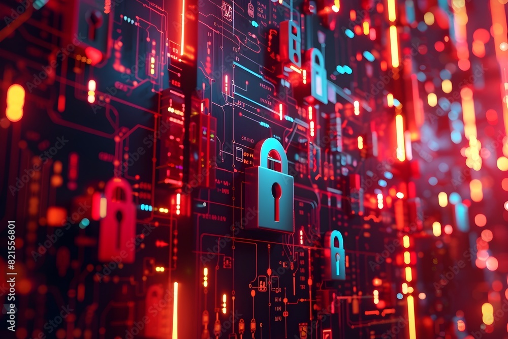 Cybersecurity Breach Visual with 3D Digital Locks Cracking and Data ...