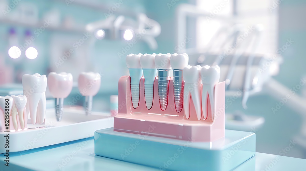 3D render of a dental element for presentation in light blue and pink ...