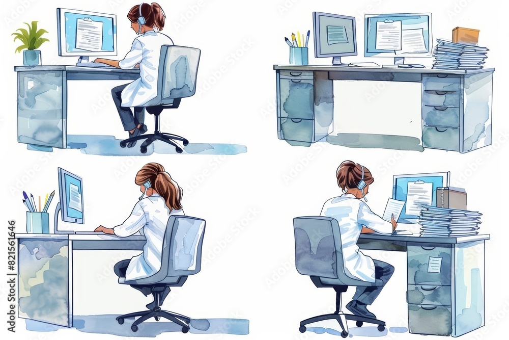 Set of water color of a medical coder, reviewing records, in a quiet ...