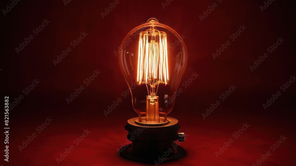 Vintage Edison bulb with visible filament against rich red velvet ...