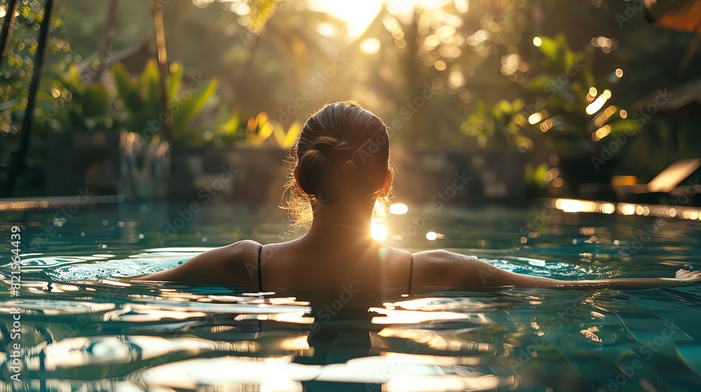woman relaxing in the pool, back view, tropical spa, sunlight and ...