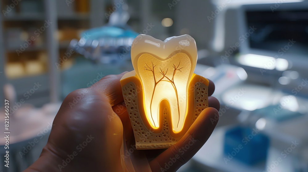 A hand holding an illuminated tooth model with the cross section of a ...