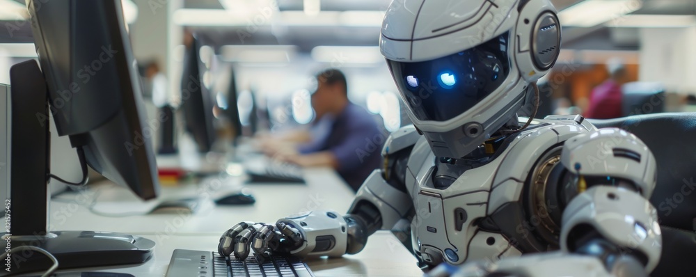 humanoid robot typing on keyword computer. AI assistant robot working ...
