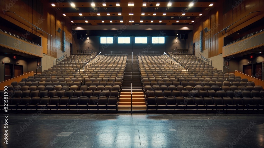 Empty school auditorium with rows of seats and a stage, close-up shot ...
