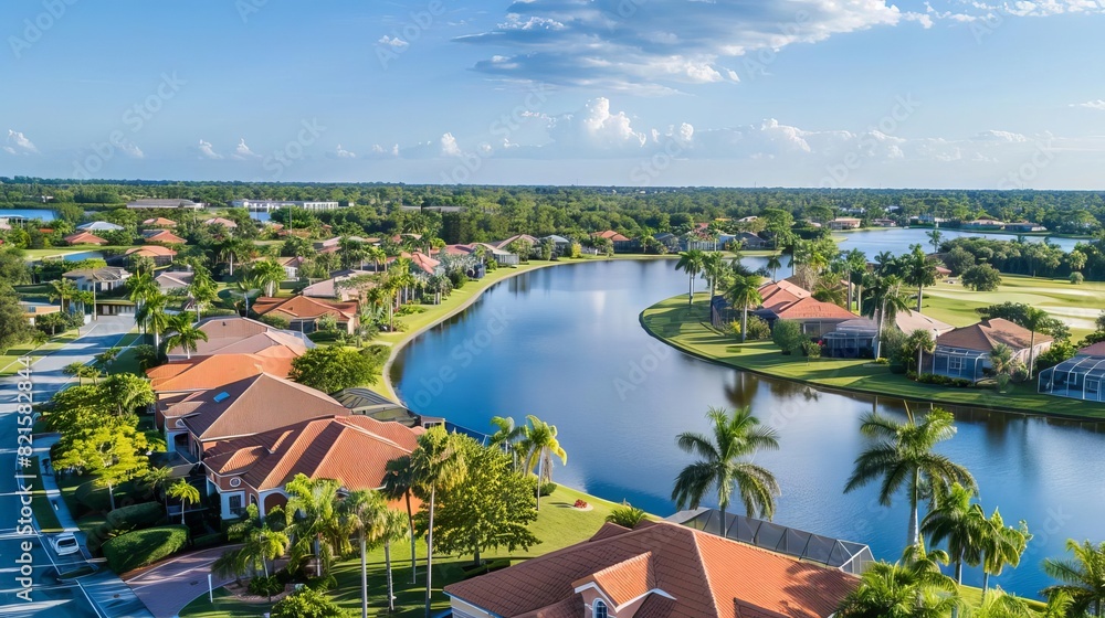 aerial view of luxurious florida suburban community with palm trees and ...