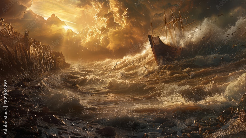 catastrophic deluge hits shore in great flood biblical scene digital ...