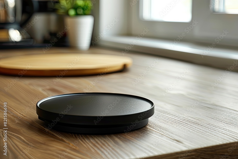 Compact hot plate positioned on a stylish wood surface with soft focus ...