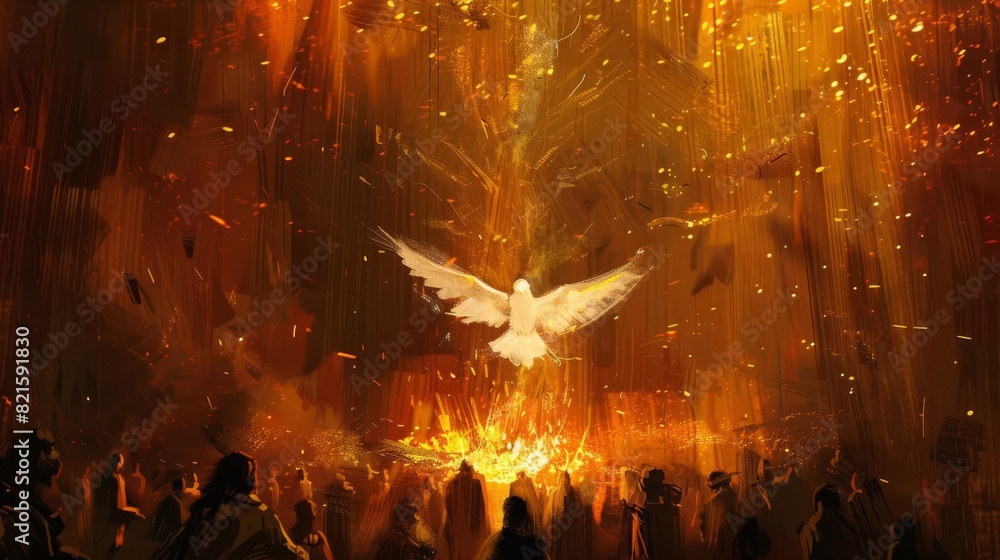 pentecost holy spirit descending as white dove over followers around ...