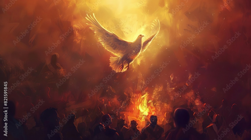 pentecost holy spirit descending as white dove over followers around ...