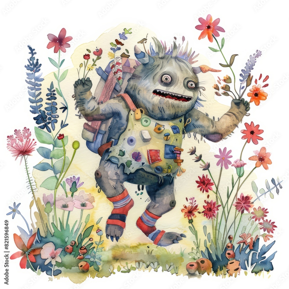 Watercolor painting of a clumsy monster with mismatched socks and a backpack full of treasures ...