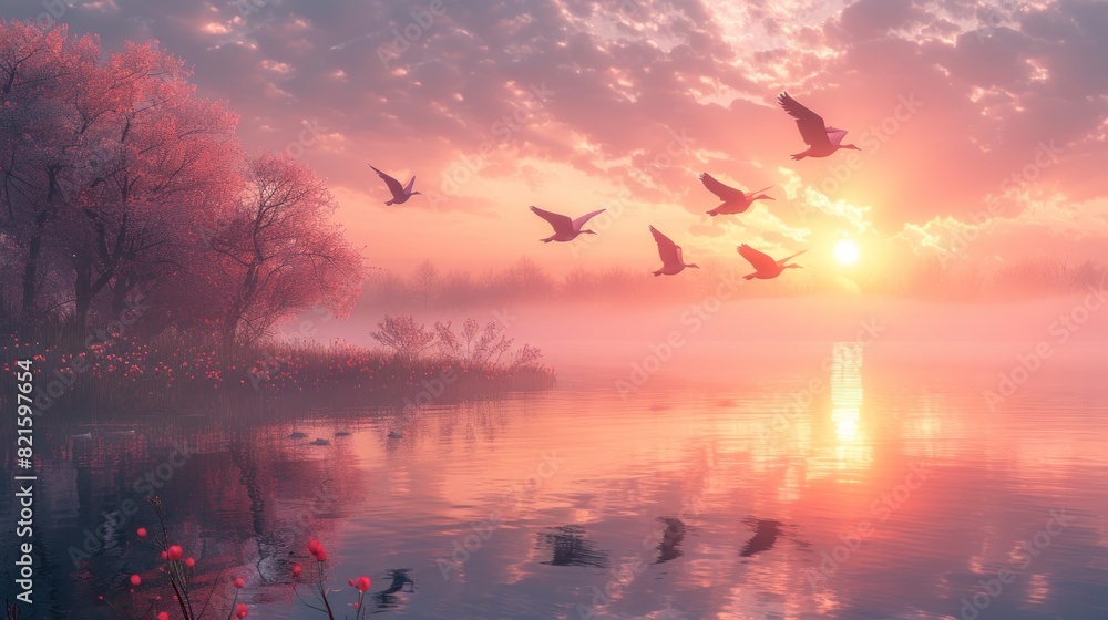 Reverse silhouette of birds flying over a lake, highlighting wildlife ...