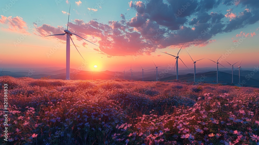 Reverse silhouette of wind turbines on a hill, promoting renewable ...