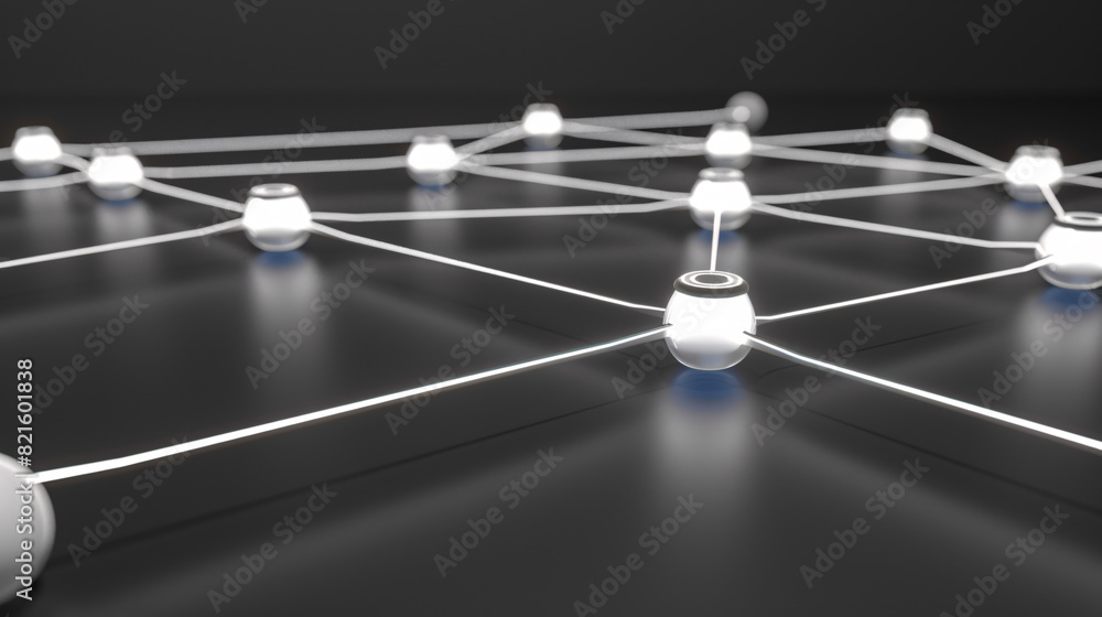 A sleek network diagram with white and silver light nodes ...