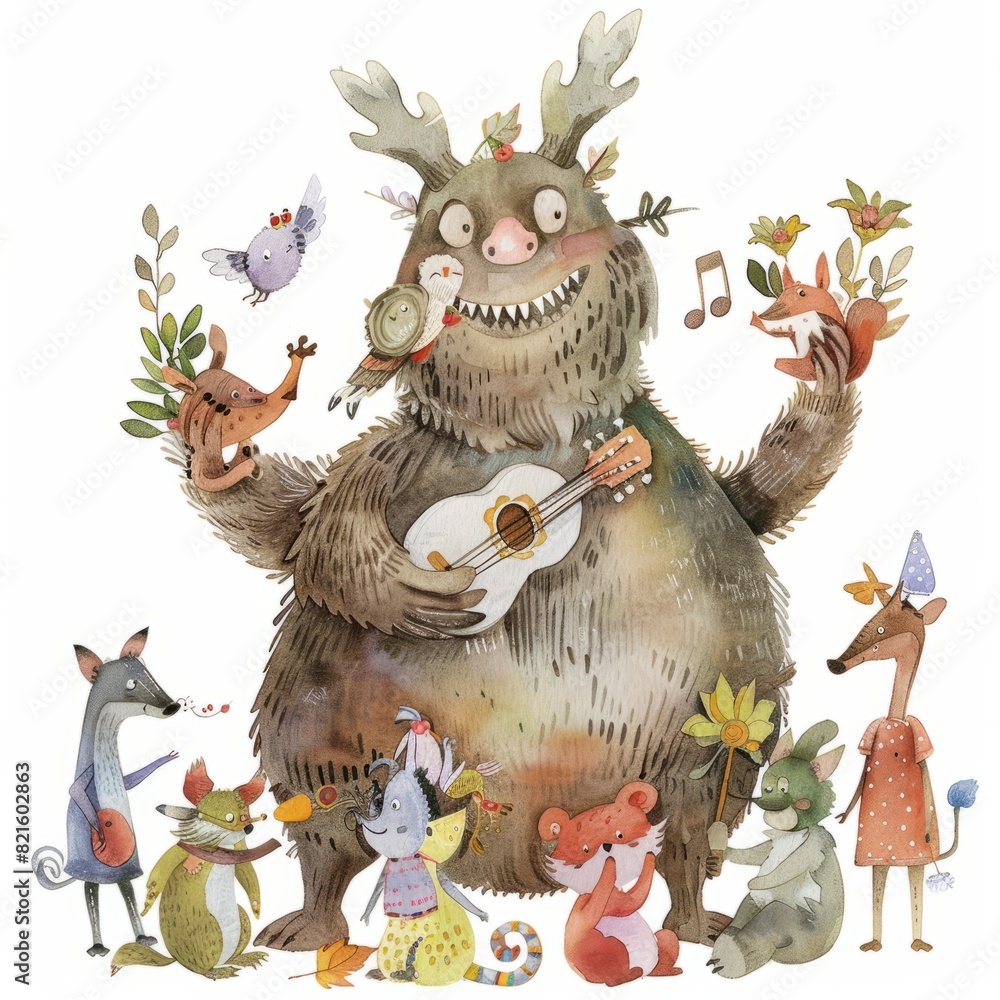Watercolor painting of a musical monster playing a ukulele and singing ...