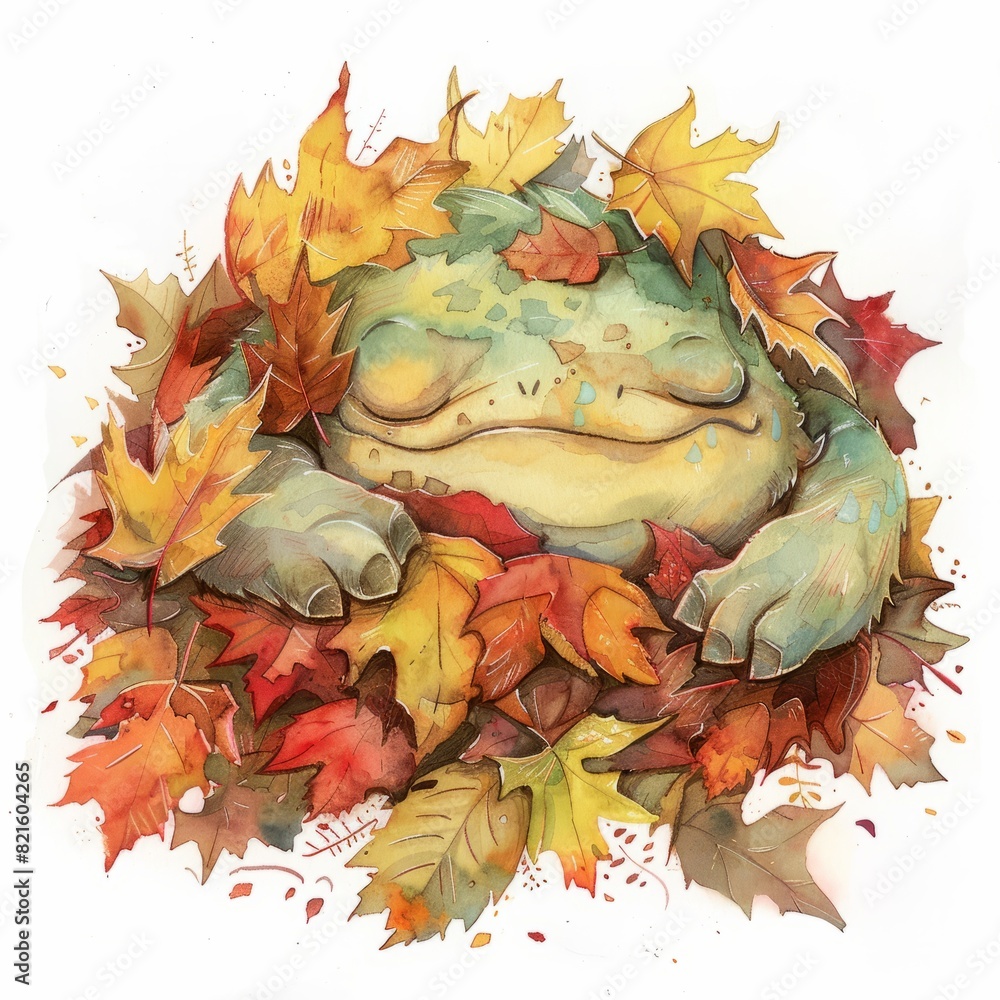 Watercolor painting of a sleepy monster snuggled up in a pile of autumn ...