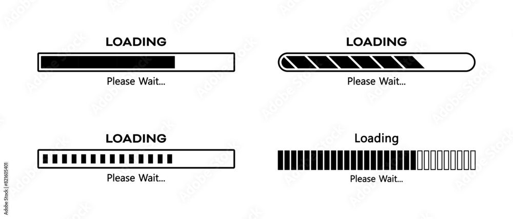 Vetor do Stock: Loading please wait rectangular bar icon set of four in ...