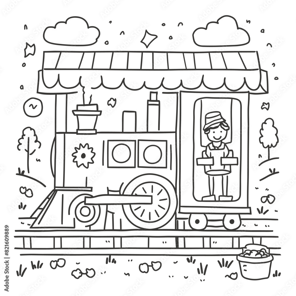 coloring book page illustration of a train station with a steam engine ...