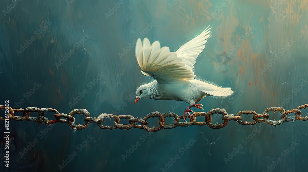 An illustration of a dove flying over a broken chain, symbolizing the ...